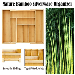 Olioeiao Expandable Bamboo Silverware Organizer Drawer for Utensils Holder and Cutlery, 8 Compartments for Drawer Tray with Dividers, Flatware and Kitchen Utensils organizer(Natural)