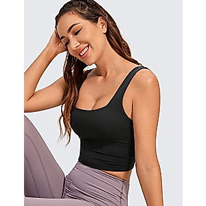 CRZ YOGA Butterluxe Womens Square Neck Longline Sports Bra - Workout Crop Tank Tops Padded with Built in Shelf Yoga Bra Black Medium