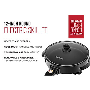 Chefman Electric Skillet - 12 Inch Round Frying Pan with Non Stick Coating, Temperature Control, Tempered Glass Lid, Cool-Touch Handles and Knob, Black