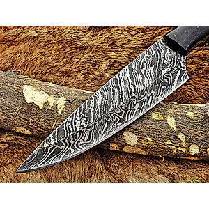8.5 Inches long custom made Damascus steel hand forged Paring Knife, kitchen knife 4" full tang blade, Natural Buffalo Horn scale inserting hole (Black)