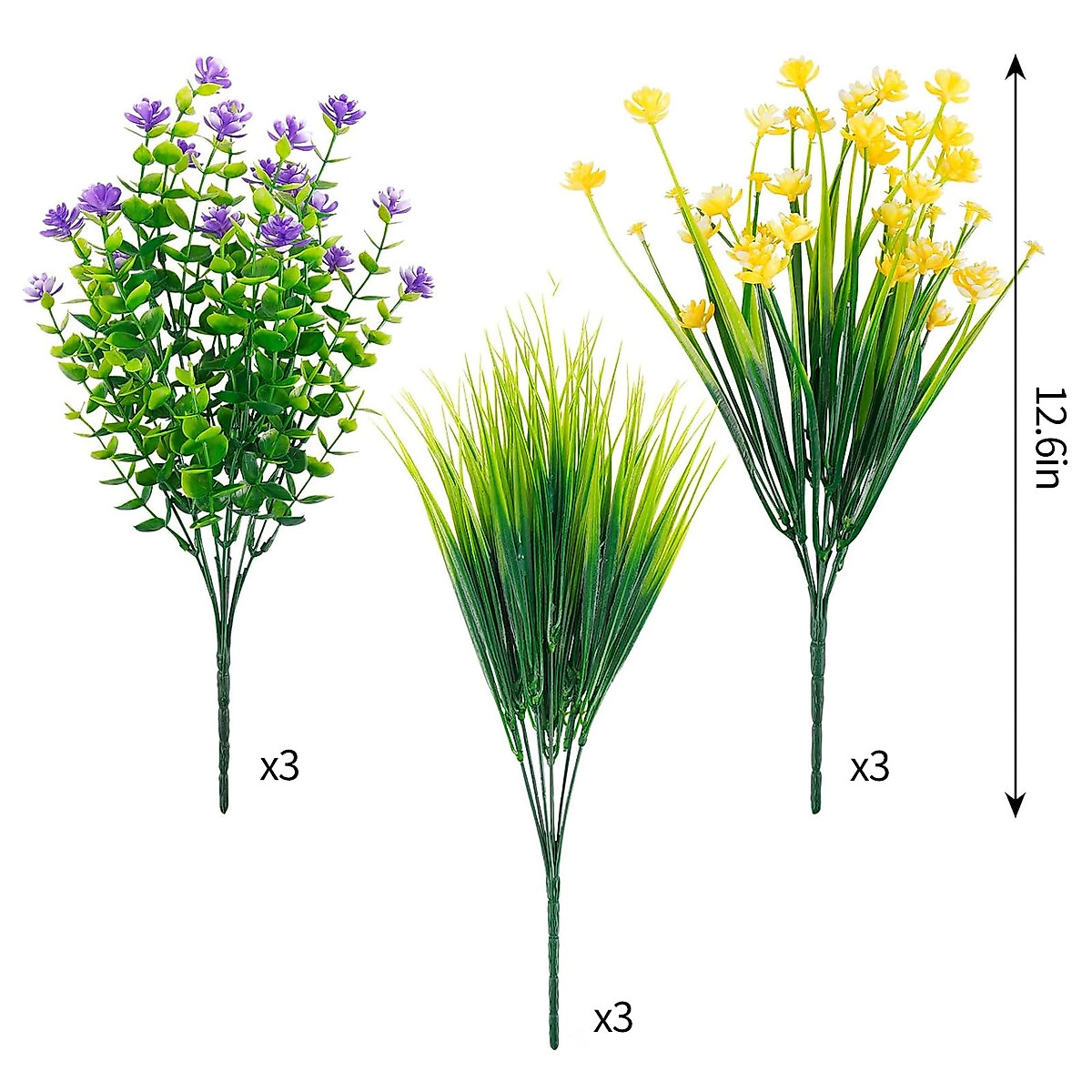 CEWOR 9pcs Artificial Flowers, UV Resistant Faux Outdoor Flowers, Fake Plastic Flowers for Cemetery Decoration Home Kitchen Bedroom Wedding Party Decor (Yellow, Purple, Green)