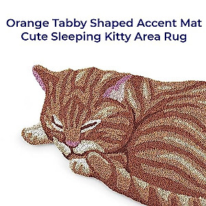 SAGEFINDS Hand Hooked Cat Rug | Orange Tabby Shaped Accent Mat | Cute Sleeping Kitty Area Rug | 17” x 35”