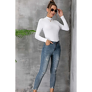 MANGDIUP Women's Mock Turtleneck Long Sleeve Pullover Tops Slim Fit Basic T-Shirts (White, Medium)