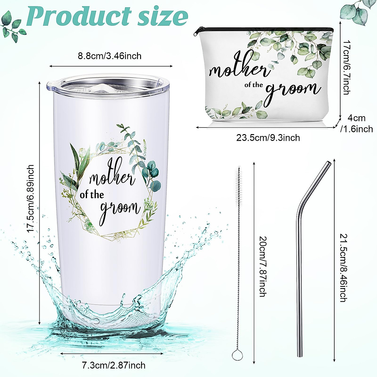 4 Pack Mother of the Groom Gifts Mother of the Bride Tumblers Cup Bride Makeup Bags Stainless Steel Groom Mug Mother Cosmetic Bag Wedding Gift for Bridal Shower Travel Party Favor(Green Leaves)