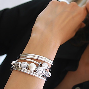 Lizzy James Kristy Silver Bracelet Necklace with Pearls and Silver Beads in Natural Black Leather (LARGE)