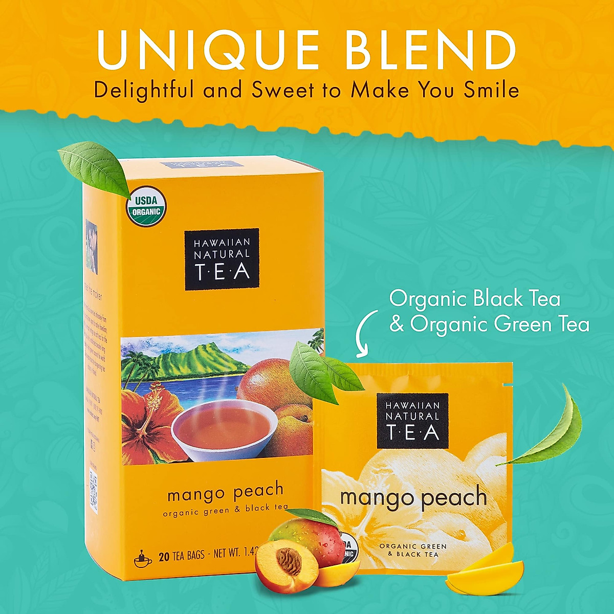 Hawaiian Natural Tea Mango Peach Flavored Organic Tea - Tropical Fruit Green Tea Blend with Black Tea - Perfect Daily Cup & Gift for Tea Lovers - 20 Tea Bags