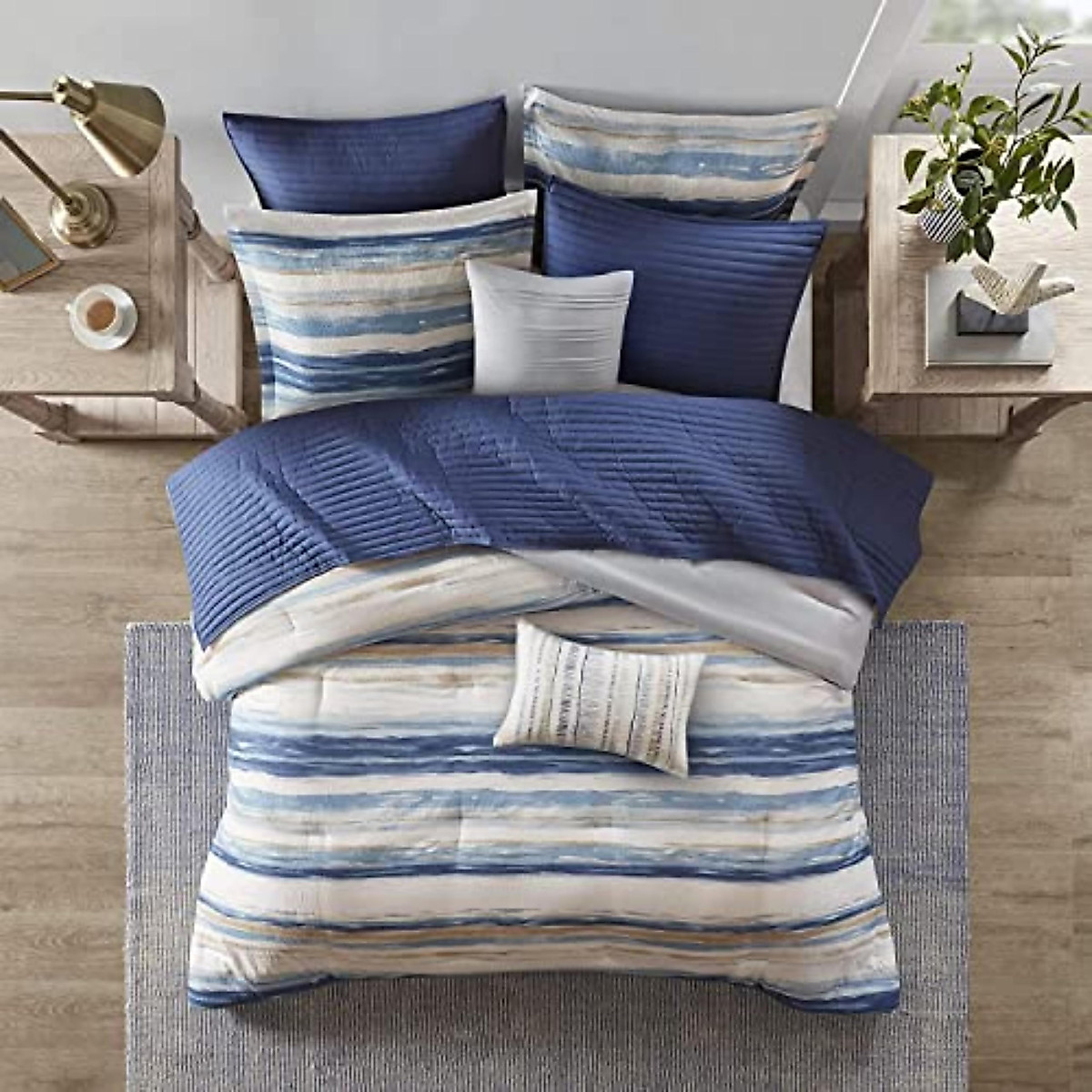 Madison Park Marina Comforter Quilt Combo Set - Modern Luxury Design, All Season Down Alternative Bedding, Matching Shams, Decorative Pillows, Full/Queen(90"x90"), Seersucker Blue 8 Piece