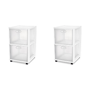 Sterilite 36208002 Ultra 2 Drawer Cart, White Frame & Clear Textured Drawers w/ Handles & Black Casters, 2-Pack