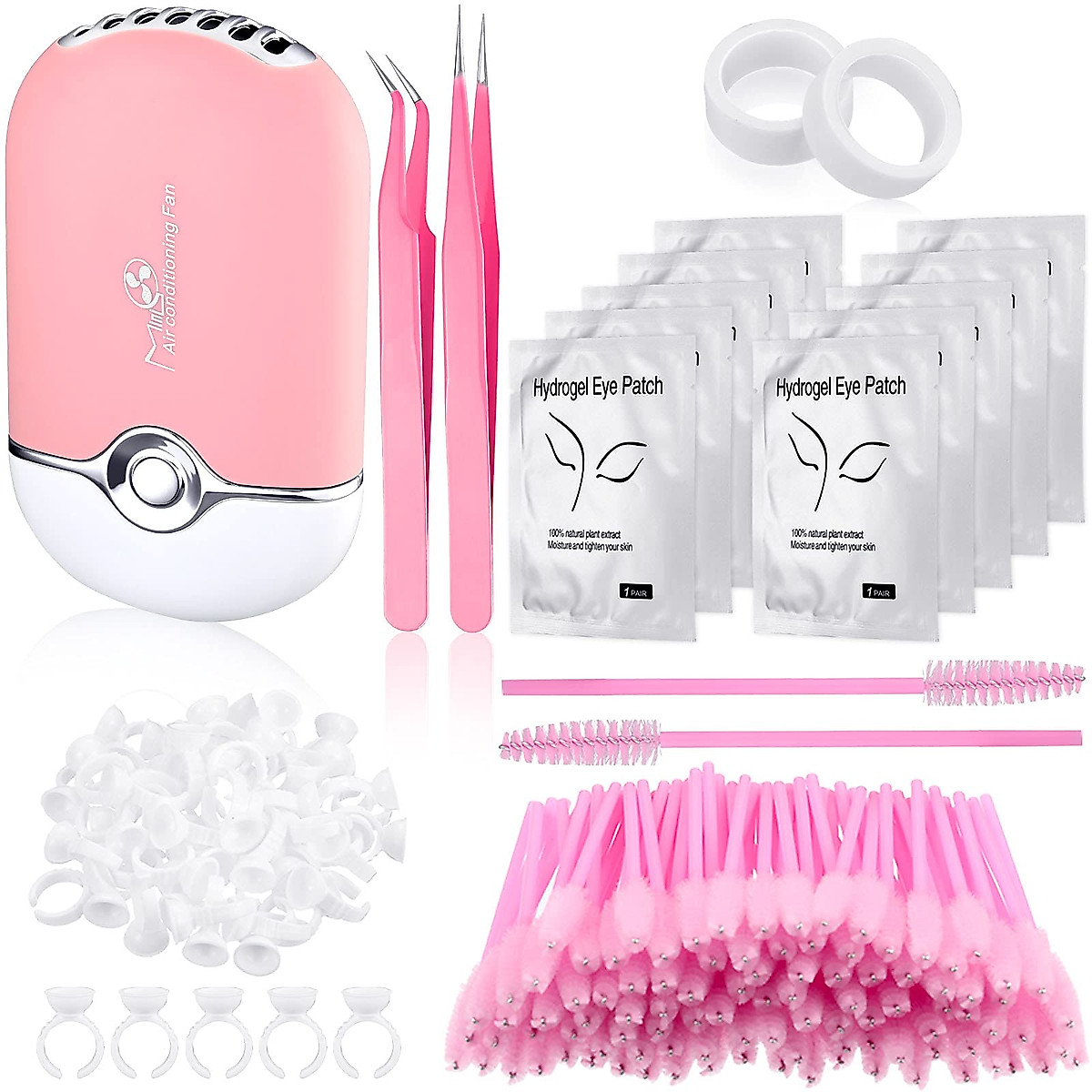Honoson Eyelash Extension Supplies, USB Air Conditioning Blower, 2 Straight and Curved Tweezers,100 Disposable Mascara, 50 Glue Ring Holder, 2 Tapes, 10 Pairs Under Eye Gel Pads (Pink)