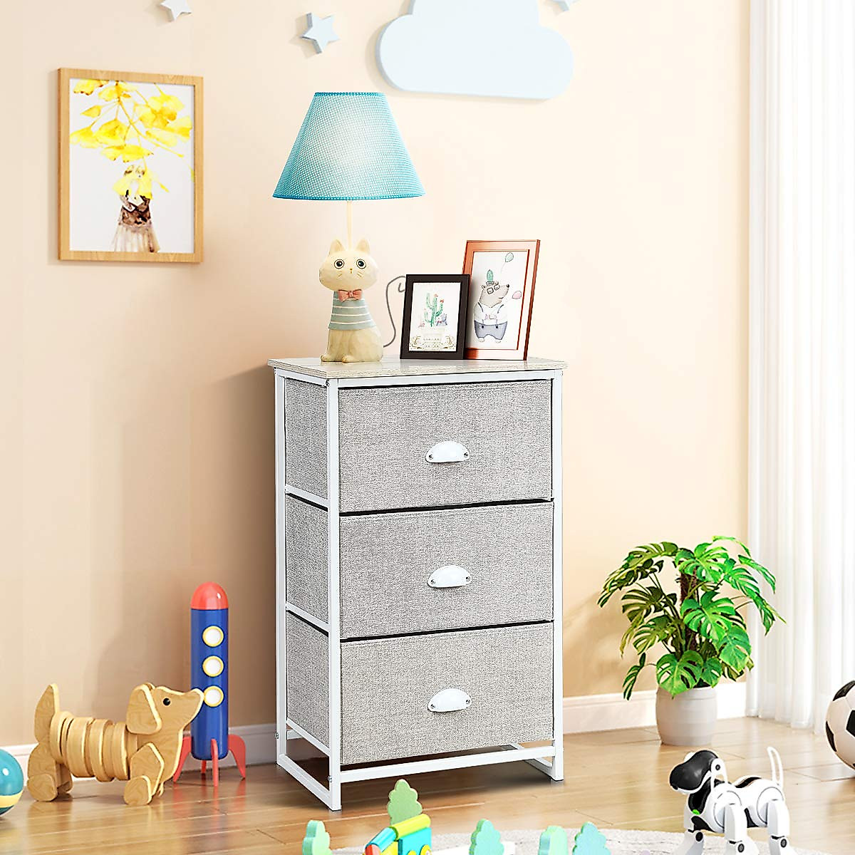 Giantex Dresser Storage Tower Nightstand W/Fabric Drawers, Sturdy Steel Frame and Wood Top Organizer Unit for Bedroom, Living Room, Entryway,Closets End Table Storage Unit (29’’(H), White)