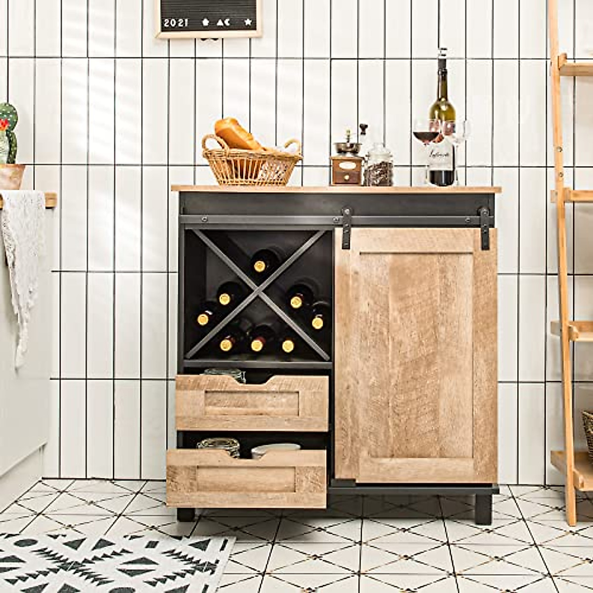 Giantex Buffet Sideboard, Coffee Bar Station with Sliding Barn Door, 2 Drawers, Wine Rack, Wood Cupboard Pantry, Farmhouse Storage Cabinet for Kitchen, Living Room (Natural & Black)