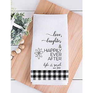 Personalized Love Laughter Happily Ever After Kitchen Towel, Wedding Gift, Shower Gift, Personalized Gift