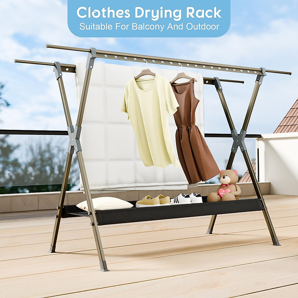 90 Inches Outdoor Clothes Drying Rack Foldable,Retractable Large Drying Rack Clothing,Heavy Duty Aluminum Laundry Drying Rack Collapsible with 42 Windproof Hooks and Drying Mesh for Outdoor Indoor