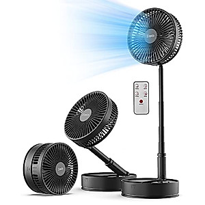 7200mAh Battery Powered Oscillating Fan, 8" Rechargeable Foldaway Fan, 12H Working Time, Height Adjustment, 4 Speeds, Remote Control, Portable Standing Fan for RV, Travel, Camping, Desk, Home, Outdoor