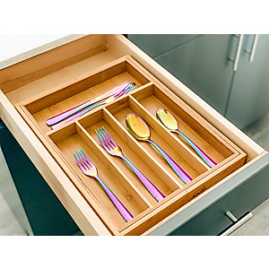Expandable Drawer Organizer By Kozy Kitchen| 100% Organic Bamboo| Premium Cutlery and Utensil Tray| Perfect For The Kitchen, Bathroom, Desk, etc.| Adjustable Kitchen Drawer Divider with 7 Compartments