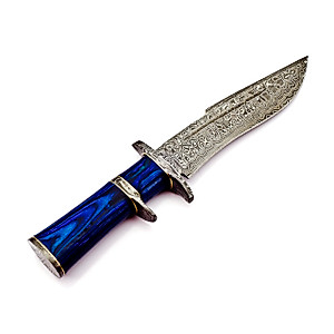 Skokie Knives Custom Damascus Steel Hunting Knife Blue Pakka Wood Handle-Handmade Premium Quality Edge Fixed Blade–Multipurpose–Ideal for Survival Camping Hiking Outdoor Every Day Carry Professional