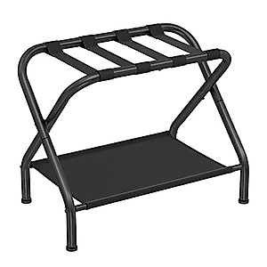SONGMICS Luggage Rack, Suitcase Stand with Fabric Storage Shelf, for Guest Room, Bedroom, Hotel, Foldable Steel Frame, Holds up to 110 lb, 27.2 x 15 x 20.5 Inches, Black URLR002B01V1