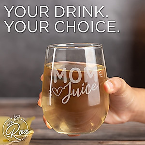 On The Rox Drinks Wine Gifts for Mom- 17Oz “Mom Juice” Engraved Stemless Wine Glass - Unique Funny Birthday, Mother’s Day Gifts for Mothers, Expecting Moms, Stepmoms