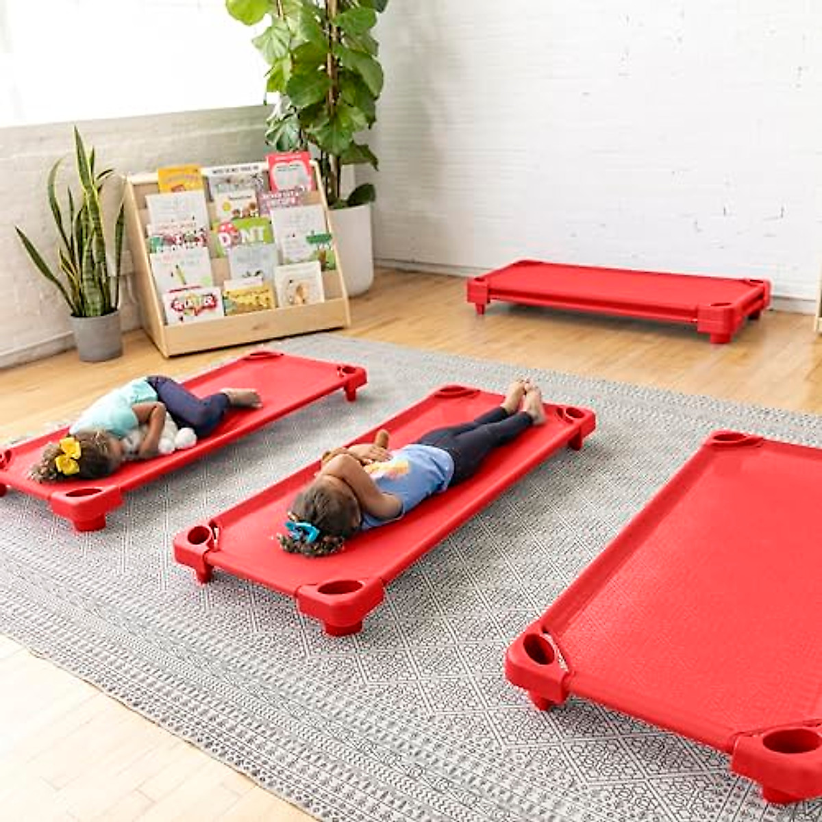 ECR4Kids Stackable Kiddie Cot, Ready-to-Assemble, Standard Size, Classroom Furniture, Red, 6-Pack