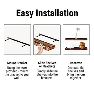 Thielsen - Rustic Floating Shelves, Bathroom Shelves, Home Decor Rustic Wood Shelves with Metal Bracket and Mounting Level, Wall Mounted Wood Shelves, Set of 2