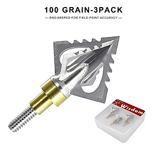 Wisdom Broadheads Fixed Blade One-Piece 100/125 Grain. 1inch Cut Hunting Crossbow Broad Head Archery Arrow Tip 3Pack (WBCK-100/125 3PK)