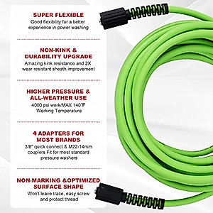Pressure Washer Hose 1/4", Kink Free Swivel M22 14mm Thread High Pressure Replacement Hose, Flexible Extension Hose with 3/8 Quick Connect Adapters for Power Washing, 4000 PSI