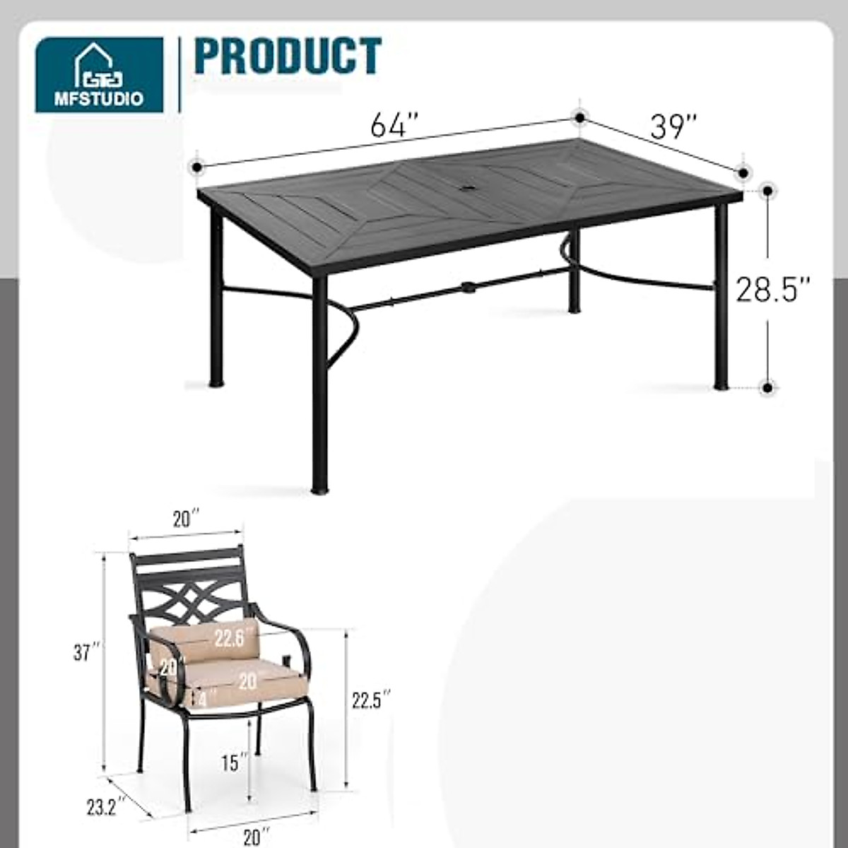 MFSTUDIO 7 Pieces Outdoor Patio Dining Set for 6, Steel Frame Slat Larger Rectangular Fretwork Table with 1.7" Umbrella Hole and 6 Metal Mesh Chairs for Backyard, Garden, Lawn