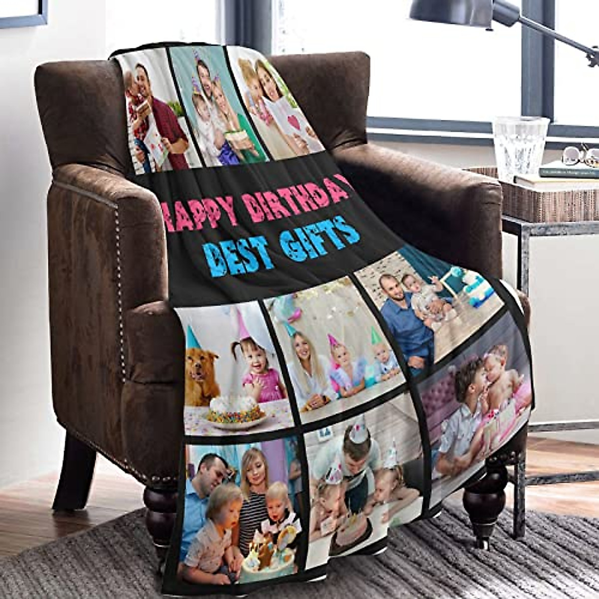 Custom Blanket with Photos Blankets 60'' x 80'' Personalized Picture Collage Name Text Bedding Blanket Birthday Christmas Halloween Valentines Gifts for Adults Kids Mom Family Couples Father