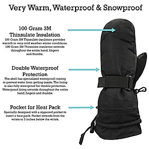 N'Ice Caps Men's Women's Waterproof Snow Mittens Gloves 100 Gram Thinsulate (Women's Medium, Mittens - Black)