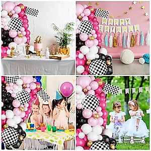 FunHot Pink Race Car Balloon Arch Garland Kit, Hot Pink Black Balloons Arch with Black and White Plaid Foil Balloons for Kids Girls Racing Car Theme Birthday Baby Shower Party Decorations
