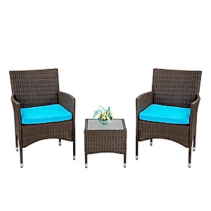 FDW Patio Furniture Sets 3 Pieces Wicker Bistro Set Outdoor Patio Set Rattan Chair Conversation Sets Patio Sofa Wicker Table Set for Yard Backyard Lawn Porch Poolside Balcony,Blue Cushion