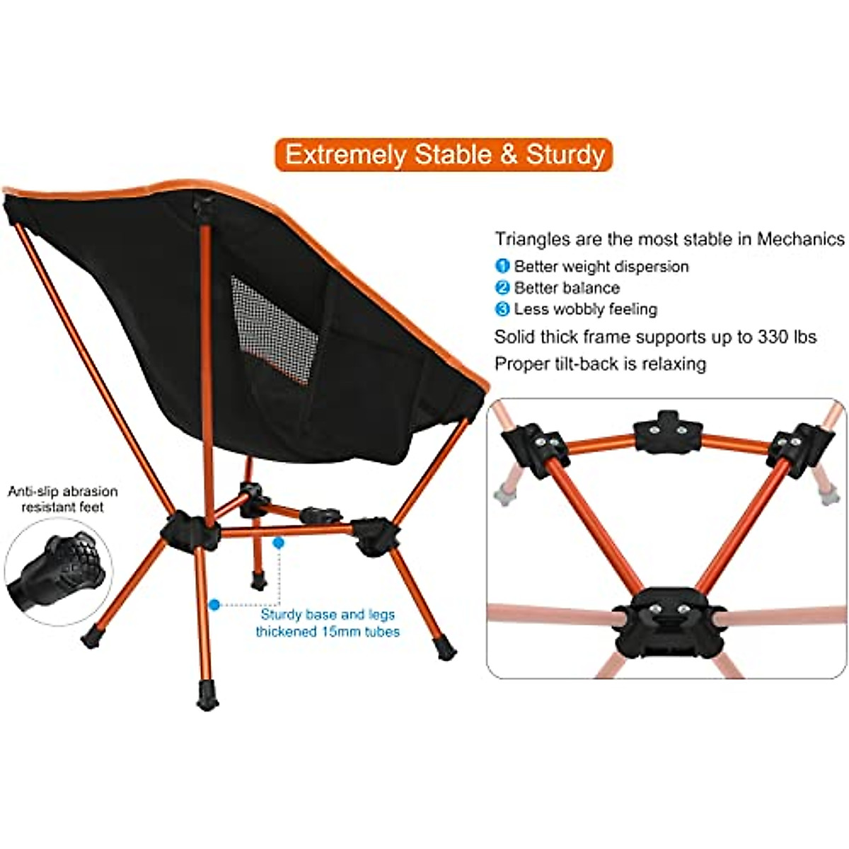 MARCHWAY Lightweight Folding Camping Chair, Stable Portable Compact for Outdoor Camp, Travel, Beach, Picnic, Festival, Hiking, Backpacking, Supports 330Lbs (Orange)
