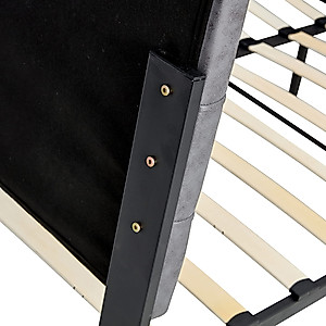 GINGVAT Queen Size Upholstered Platform Bed Frame with Lights and Height Adjustable Headboard, Fashion Square Stitched Button Tech Cloth, Modern Bedroom Furniture, Grey