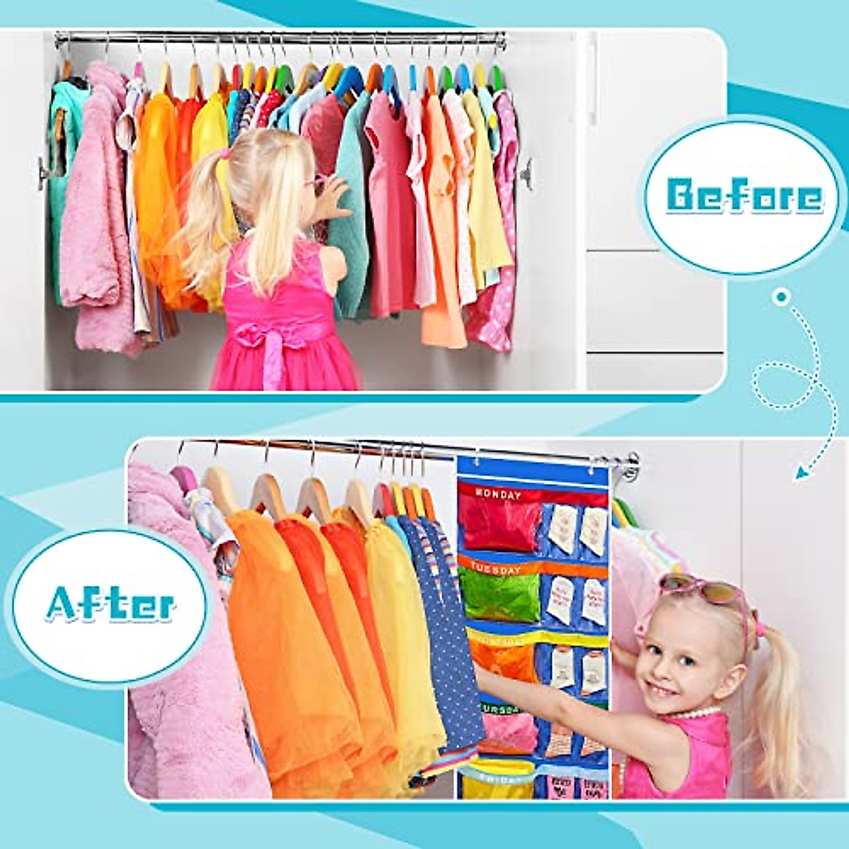 2 Pcs Daily Activity Kids Clothes Organizer Rainbow Weekly Hanging Closet Portable Kids Clothes Storage Prepare and Organize a Week’s Worth of Your Children's Clothing Organizer for Room (Blue)
