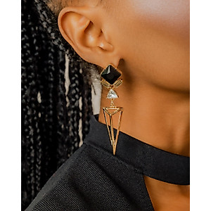 Black and Gold Earrings for Women, Art Deco Style Long Statement Dangle Earrings, 14k Gold Plated, Black Onyx Crystals, Elegant Vintage Bridal Jewelry