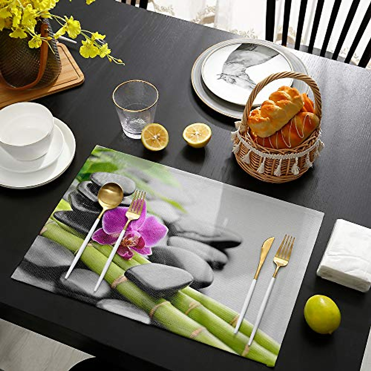 Placemats for Dining Table Set of 6, Zen Basalt Stone Orchid Flower and Cotton Linen Cloth for Square/Rectangle/Round Table Mat Placemat Kitchen Dinner Holiday Dﾃｩcor