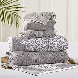 Amrapur Overseas | Artesia Damask 6 Piece Reversible Yarn Dyed Jacquard Towel Set (Grey)