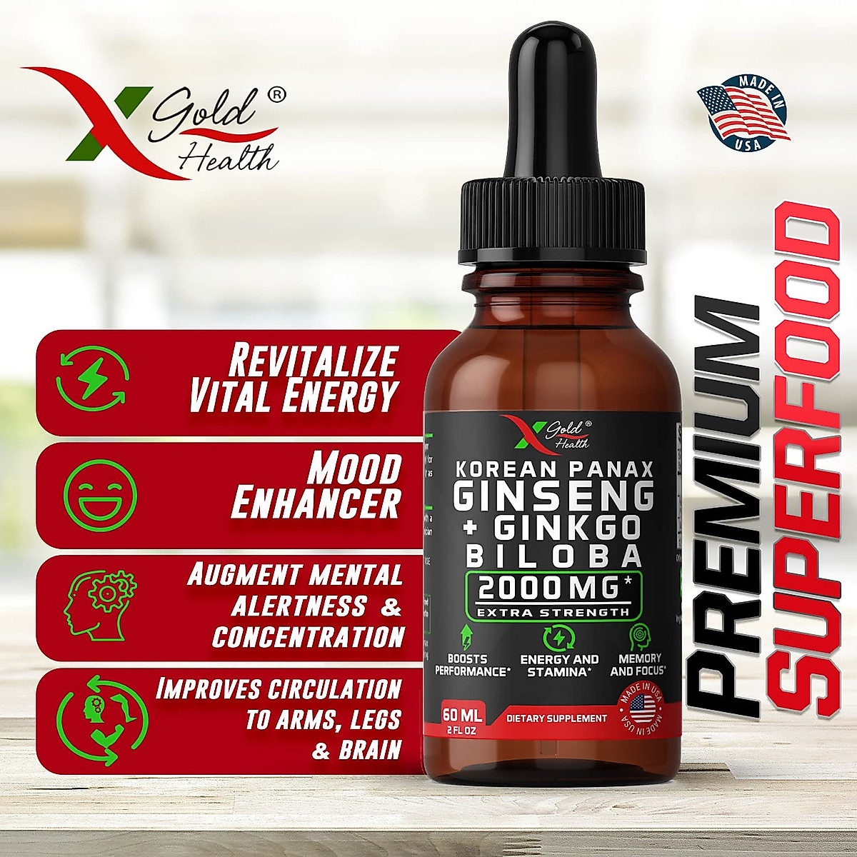 Korean Red Panax Ginseng 2000mg + Ginkgo Biloba Extra Strength Root Extract Supplement for Men & Women,High Ginsenosides, 2 fl oz Natural Advanced Liquid Extract for Energy, Performance & Focus