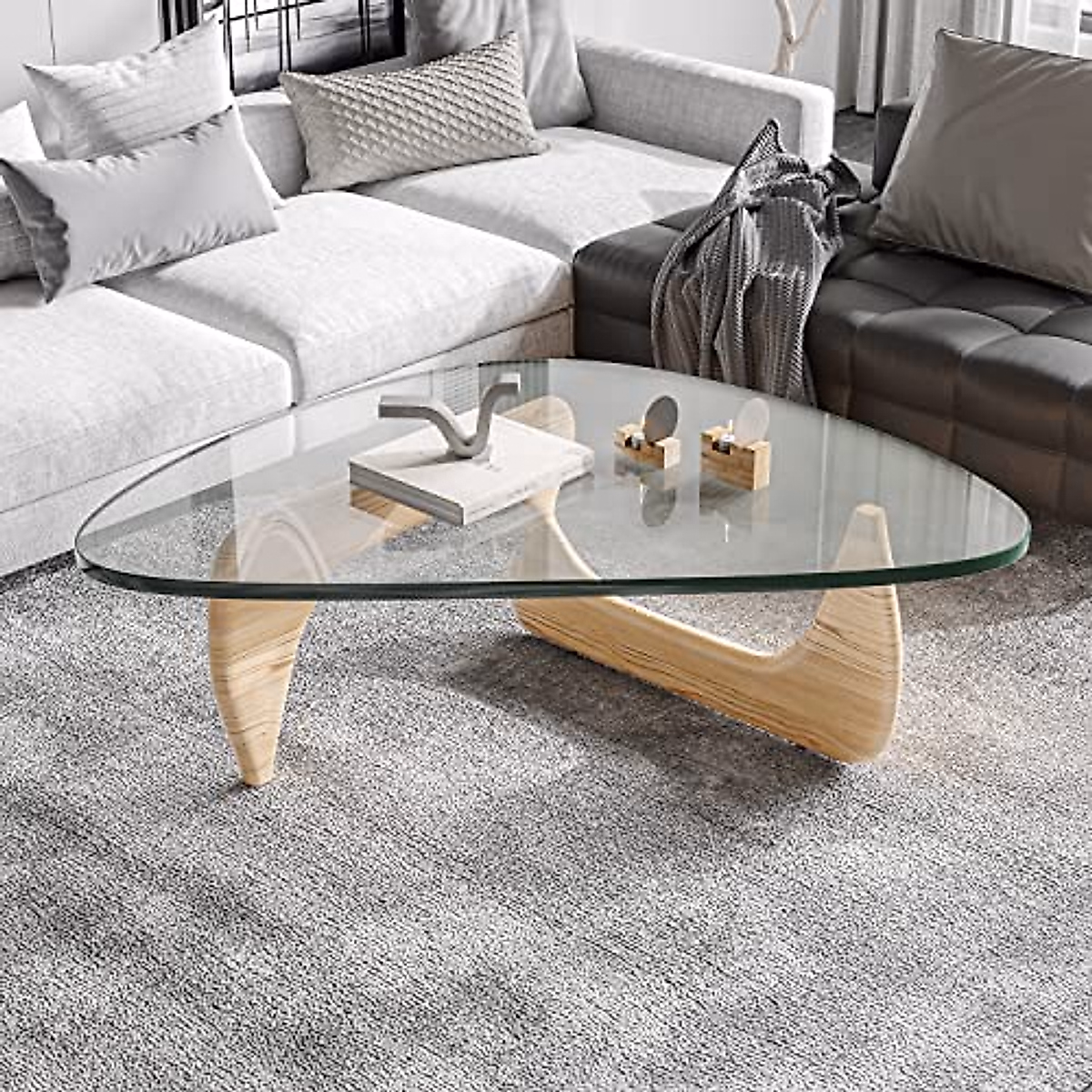 Rimdoc Noguchi Table Triangle Glass Coffee Table Vintage Glass End Table, Solid Wood Base & Triangle Clear Glass Top Modern End Table for Living Room, Patio, Study