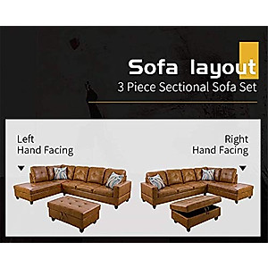 A Ainehome L-Shape Sectional Sofa Set, Ginger, Right Hand Facing, Tufted Leather, Storage Ottoman, Toss Pillows