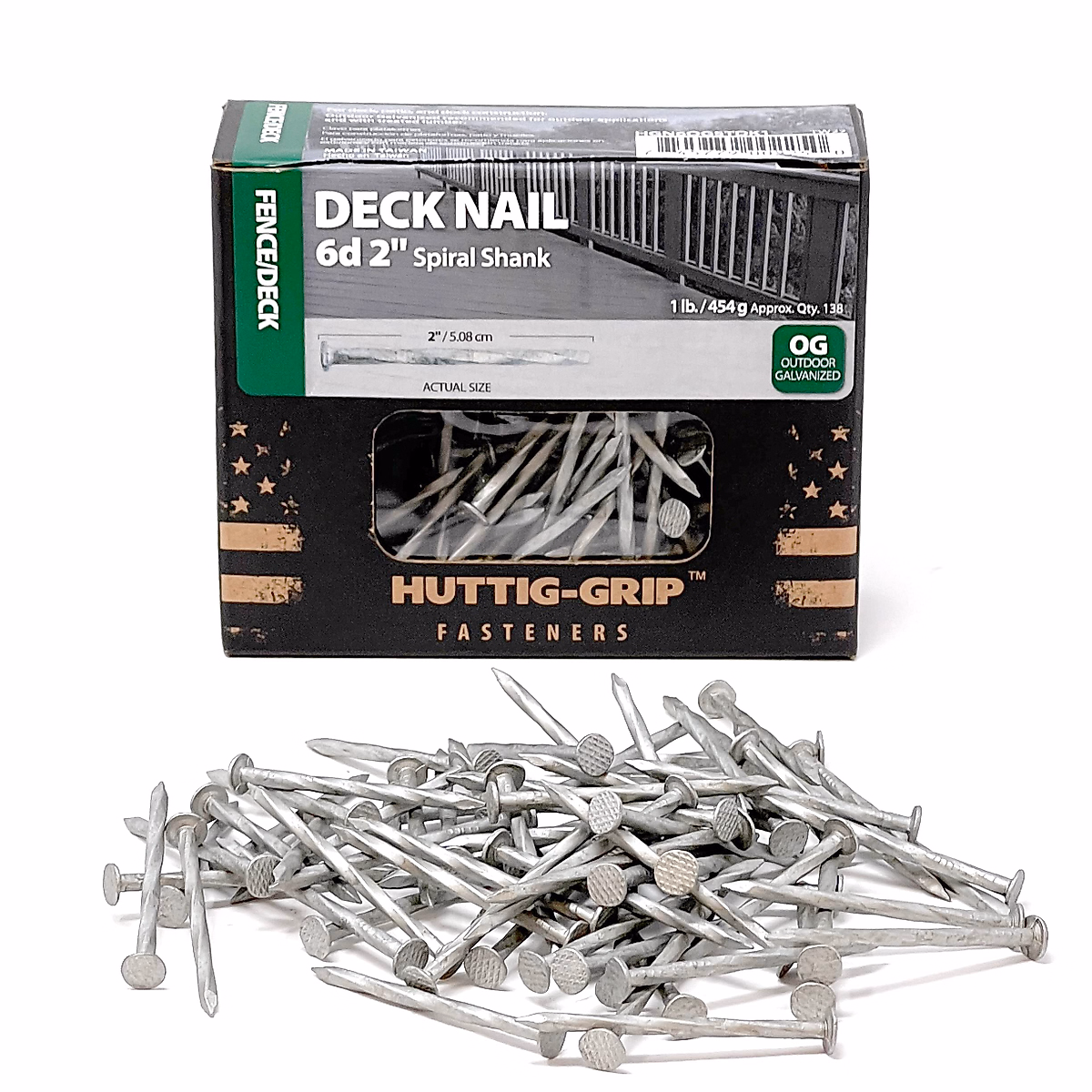 Huttig-Grip Fence Deck Nails 2 inches 6d for Wood Fencing HGN6OGSTDK1 Spiral Shank Outdoor Galvanized Finish, 1 lb Pack of 138 Nails