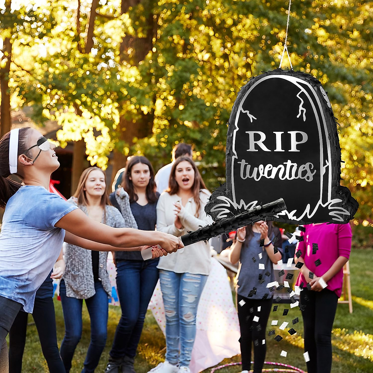 Quera Rip Twenties Pinata Funny 14 x 14.4 x 3 Inch Funeral Pinata with Stick Blindfold and Confetti Paper Fits Candy Favors for Adult 30th Birthday Anniversary Party Supplies Decoration Prop