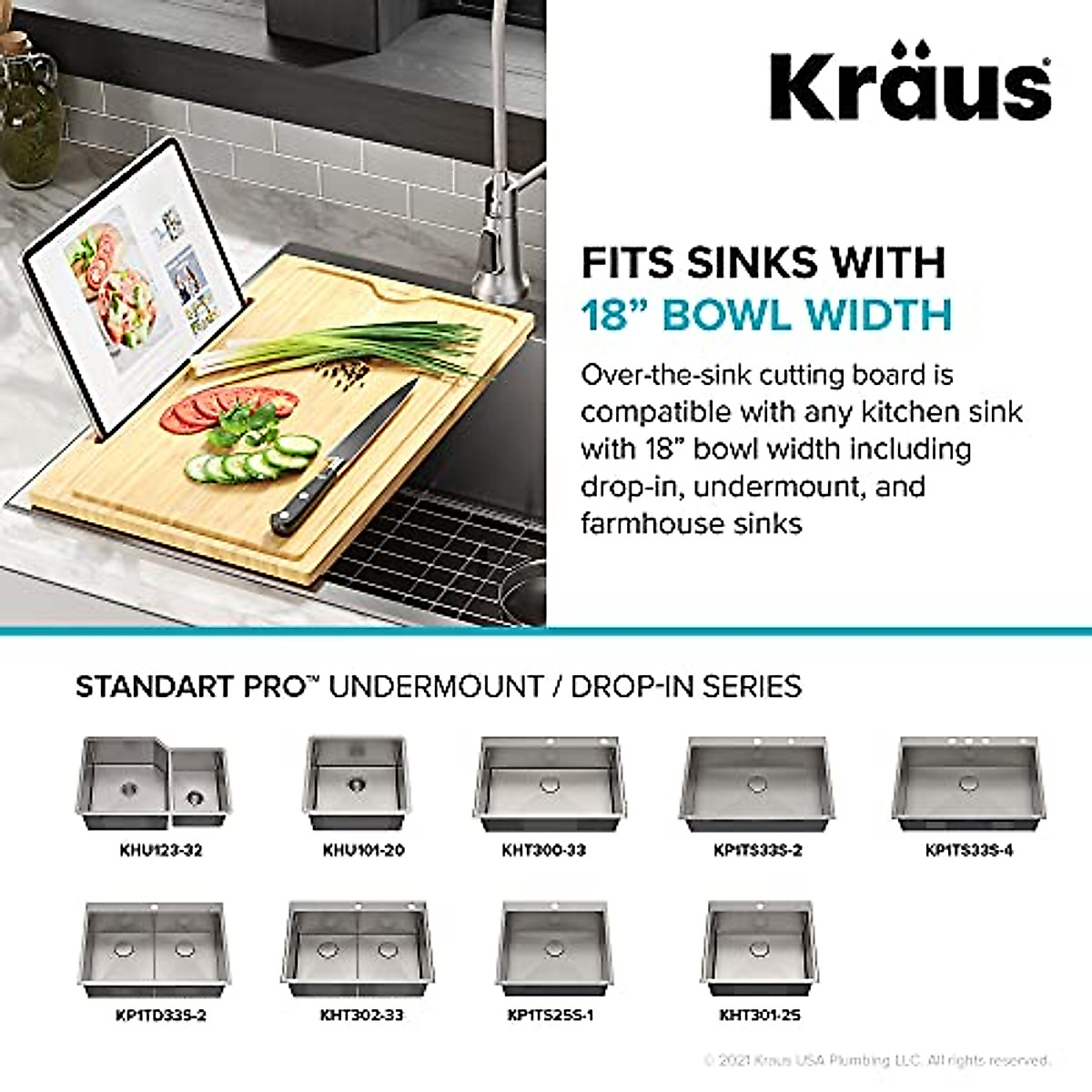 Kraus Solid Bamboo Cutting Board with Mobile Device Holder for Standard Kitchen Sink or Countertop (19 1/2 in. x 12 in.), KCBT-103BB