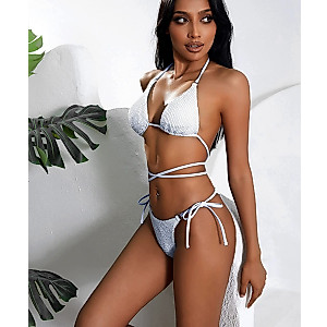 YIMISAN Sexy Two Piece Swimsuit fo Women Sexy Swimwear Halter String Triangle Thong Bikini Sets White