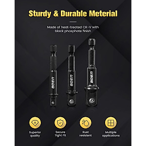 BOEN Impact Grade Socket Adapter Set, 3-PCS Drill Bit Adapter with Bit Holder, Sizes 1/4", 3/8", 1/2", 1/4-Inch SAE Hex Shank, Cr-V with Black Phosphate Finish