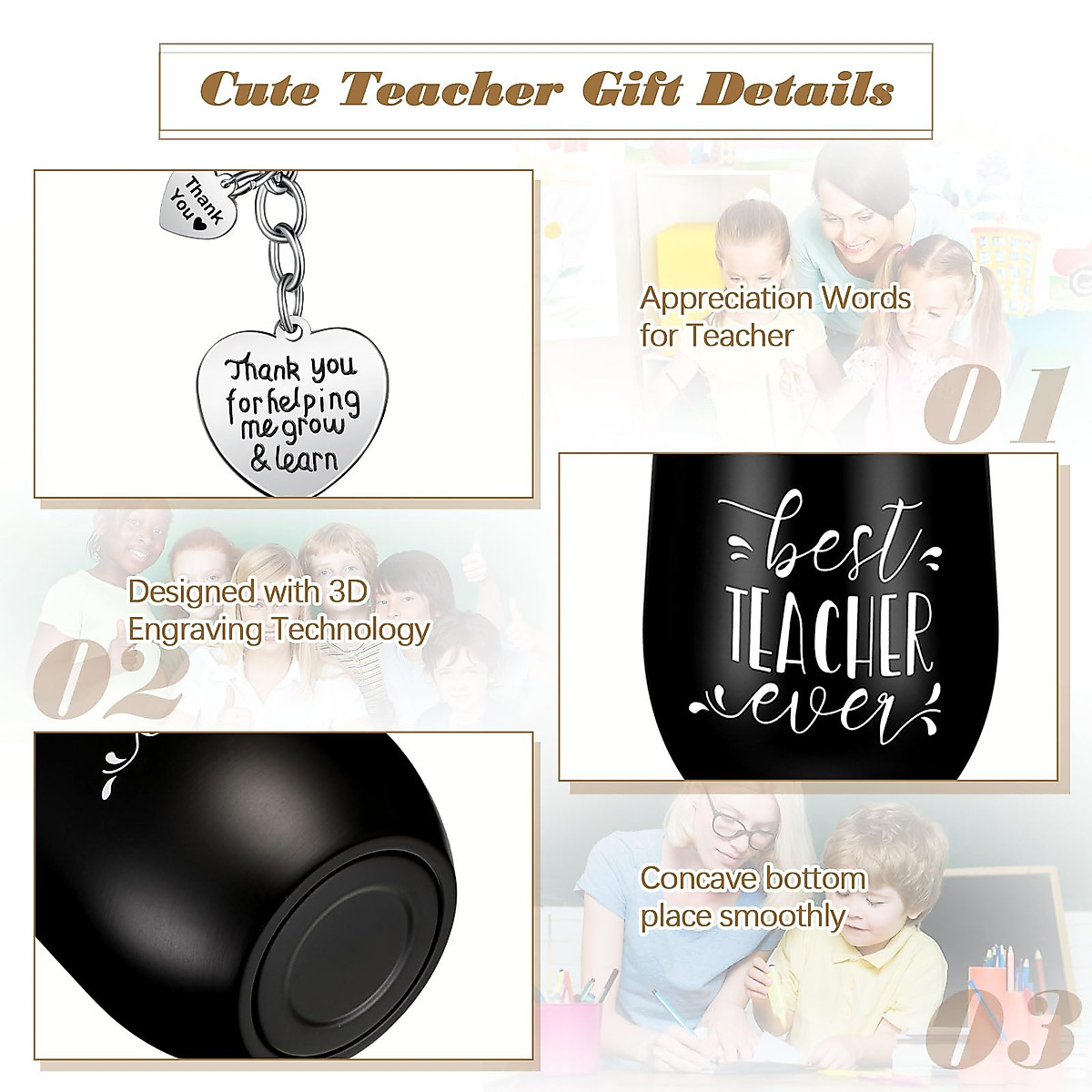 Didaey 36 Pcs Teacher Appreciation Gift Sets 12 Oz Teacher Wine Tumbler for Women Men Thank You Birthday Graduation Gifts 18 Best Ever Cup and 18 Keychain(Black)