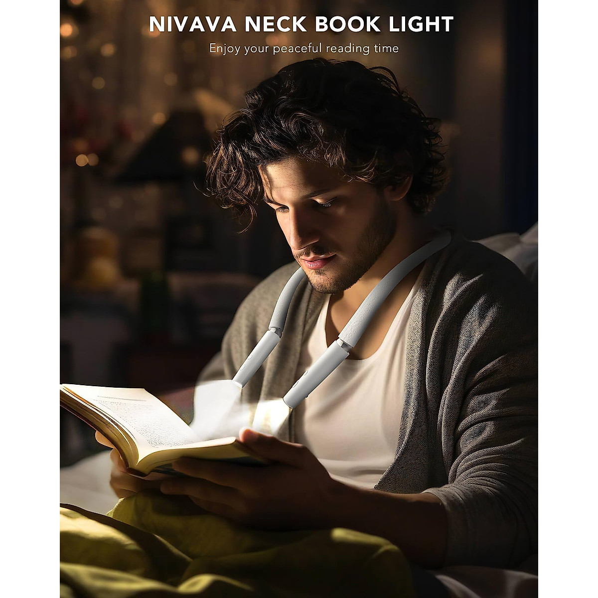 NIVAVA Neck Reading Light, Book Light for Reading in Bed [Steering Shafts Adjustment], Bendable Silicone Arm, Long Lasting LED Rechargeable Knitting Light for Camping, Repair, Crochet & Craft, White