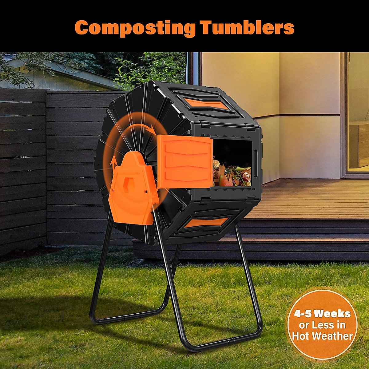 Marcytop Compost Tumbler, Easy Assemble & Efficient Outdoor Compost Bin, 22.5 Gallon/85 Liter High-Volume Tumbling Composter for Garden, Kitchen, and Yard Waste, Orange Door