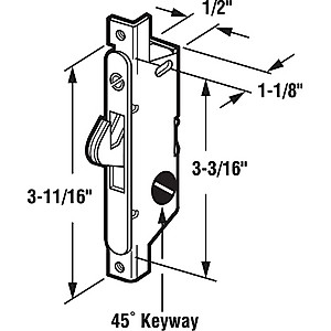 PRIME-LINE E 2121 Mortise Lock - Adjustable, Spring-Loaded Hook Latch Projection for Sliding Patio Doors Constructed of Wood, Aluminum and Vinyl, 3-11/16”, 45 Degree Keyway, Round Face , Zinc