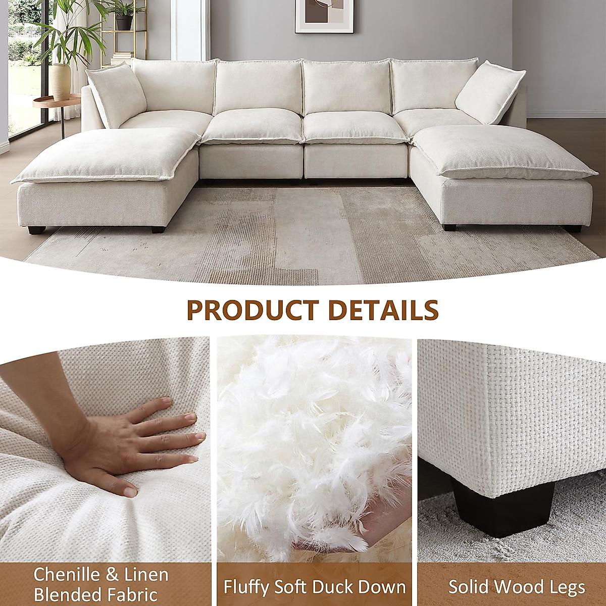 KIVENJAJA 130”W Oversized U-Shaped Down Filled Sectional Couch, 6 Seater Comfy Modular Cloud Sofa with 2 Ottomans, Modern Sleeper Sofa for Living Room, Linen Fabric, Beige